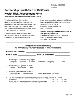 Fillable Online Partnership HealthPlan of California Health Risk ...