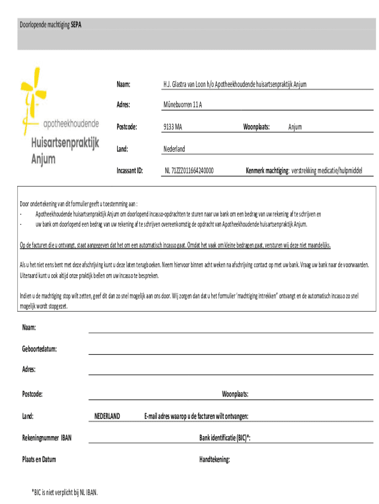 Invulbaar Online Doorlopende machtiging SEPA Naam: H.J. Glastra van ...