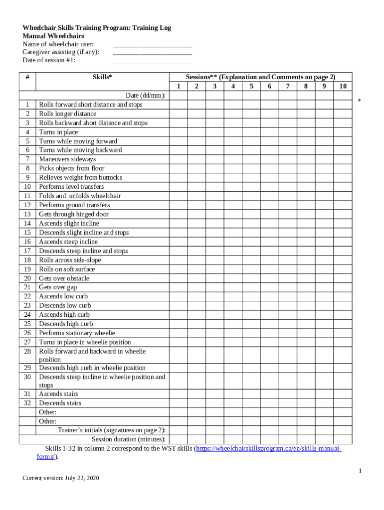 Training Log for Single Session Powered Wheelchairs Doc Template ...