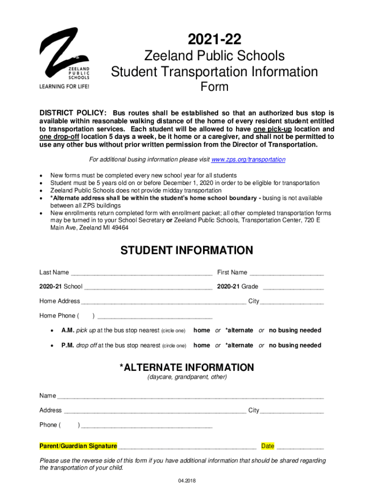 Fillable Online Zeeland Public Schools Student Transportation Form Fax ...