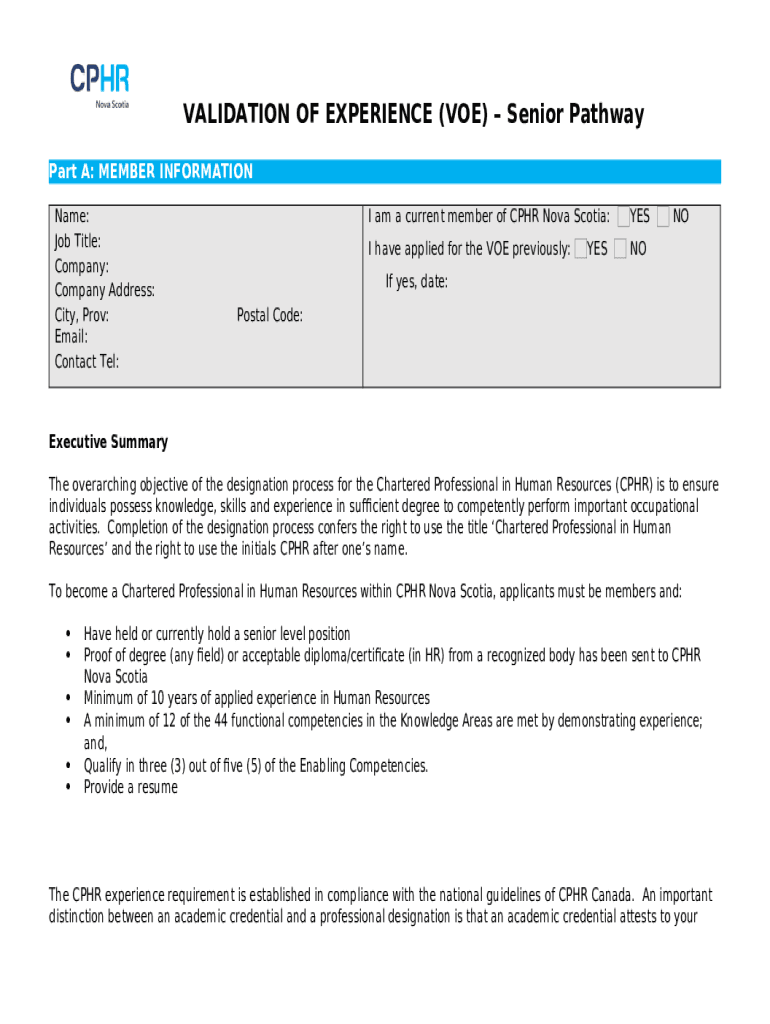 VALIDATION OF EXPERIENCE (VOE)Senior Pathway Doc Template | pdfFiller