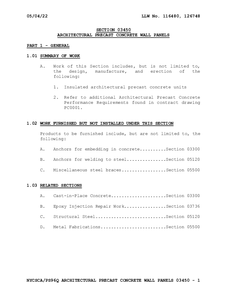 Fillable Online SECTION 03450 - ARCHITECTURAL PRECAST CONCRETE. ARCHITECTURAL PRECAST CONCRETE ...