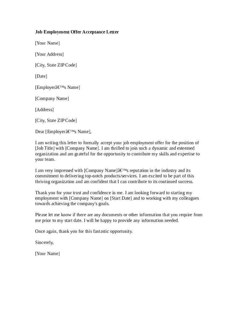 Job Employment Offer Acceptance Letter Doc Template | pdfFiller