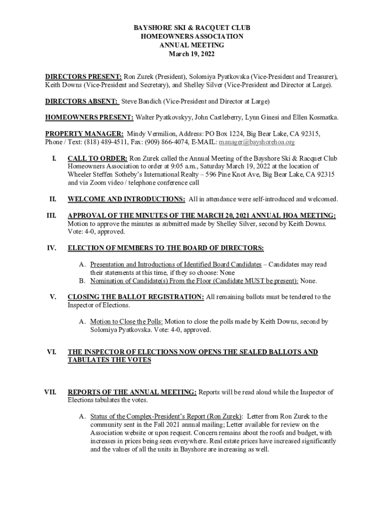 Fillable Online DIRECTORS PRESENT: Ron Zurek (President), Solomiya ...