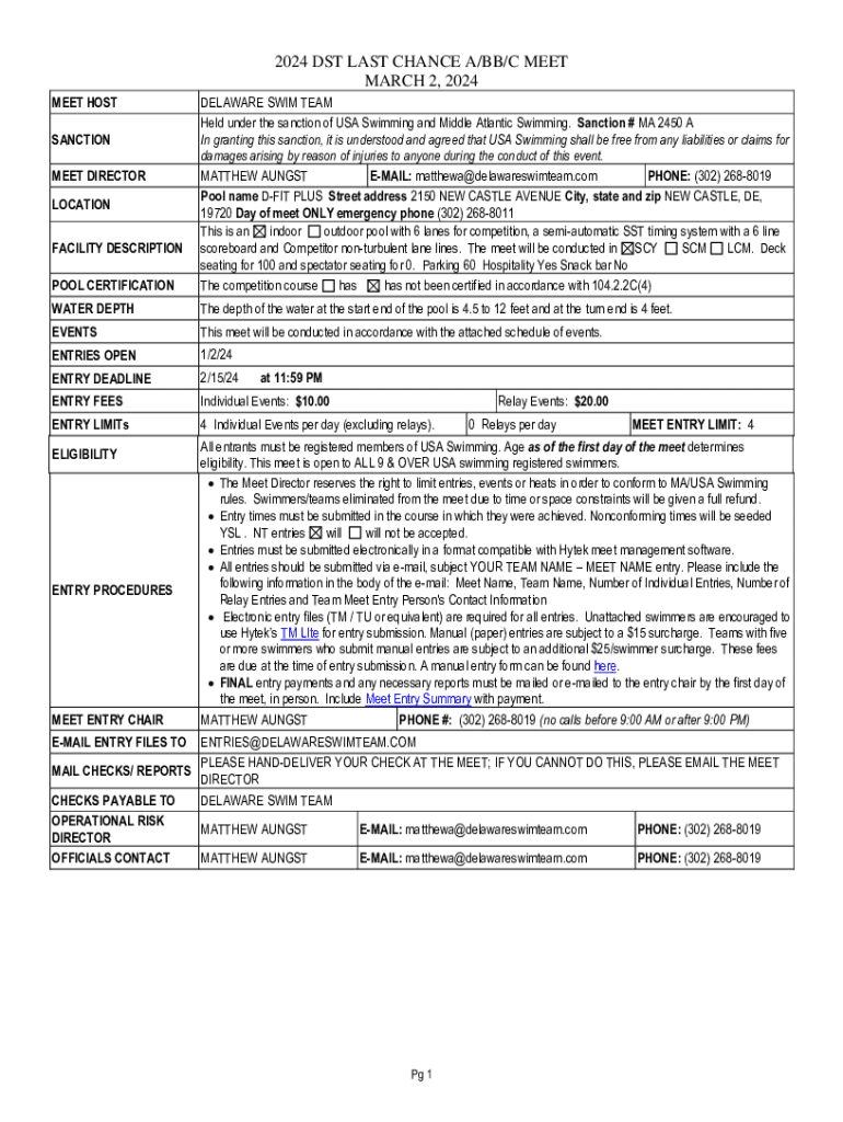Fillable Online 2024 DST Last Chance A/BB/C Meet - Delaware Swim Team Fax Email Print - pdfFiller