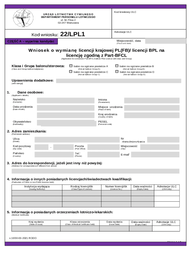 Balloon - UK Part-BFCL Pilot Licence Application Based ... Doc Template | pdfFiller