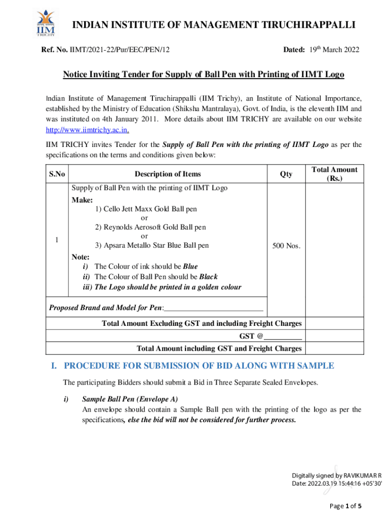 Fillable Online IIM Tiruchirappalli - Tenders and eProcurement Notices ...