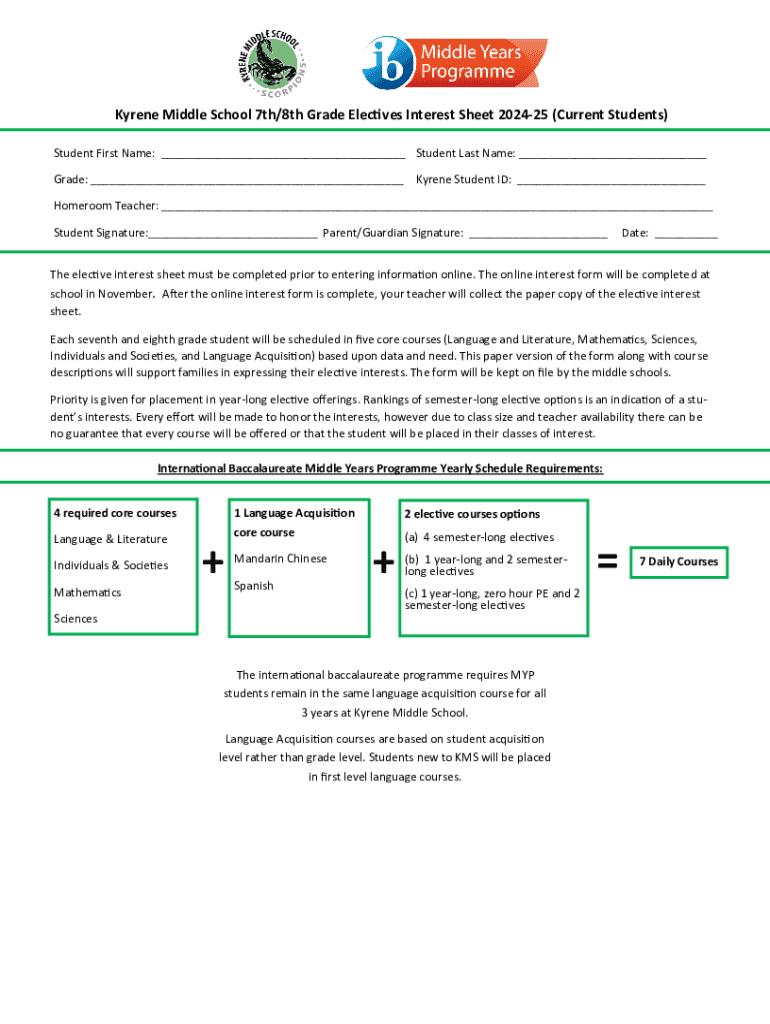 Fillable Online Kyrene Middle School 6th Grade Electives Interest Sheet ...