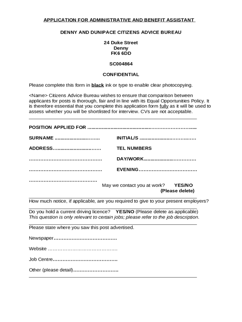 APPLICATION FOR ADMINISTRATIVE AND BENEFIT ASSISTANT Doc Template ...