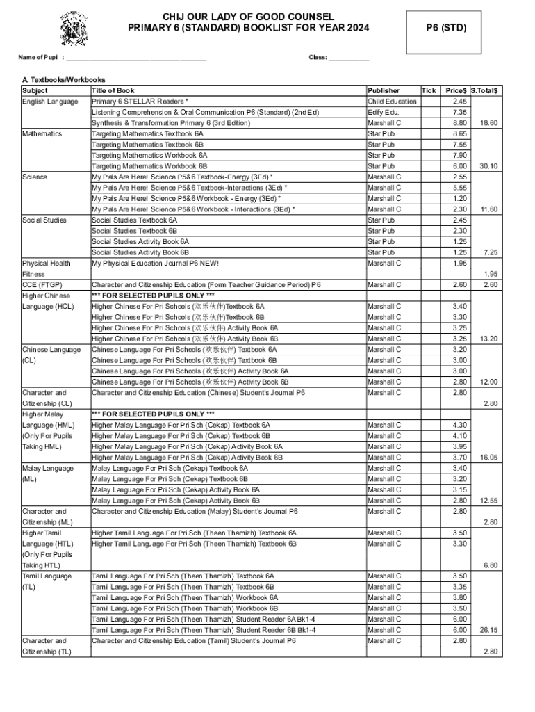 Fillable Online CHIJ OUR LADY OF GOOD COUNSEL PRIMARY 6 ( ... Fax Email ...