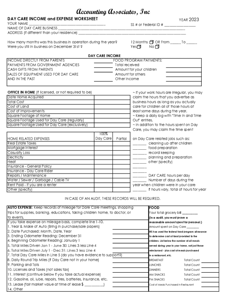 Fillable Online Day Care Worksheet.xls Fax Email Print - pdfFiller
