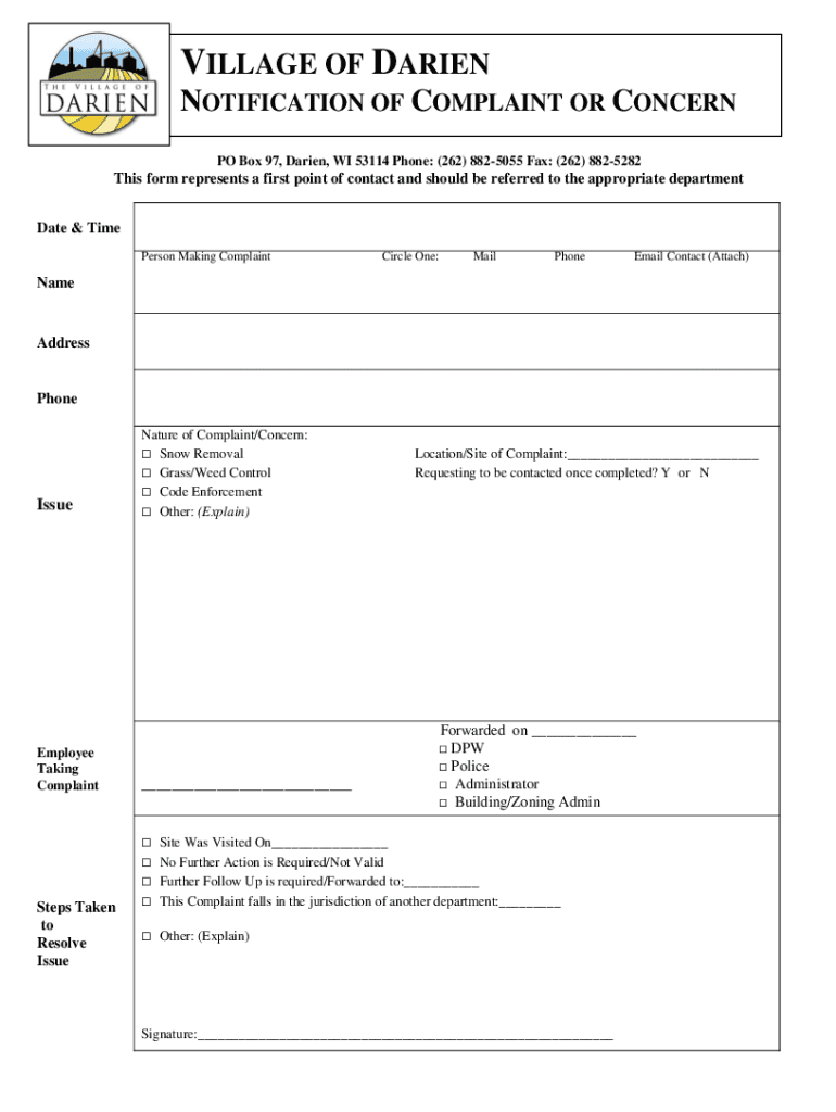 Fillable Online village of darien - notification of complaint or ...