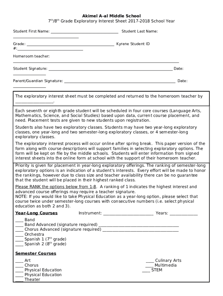 Students / 7th/8th Grade Elective Interest Sheet Doc Template | pdfFiller
