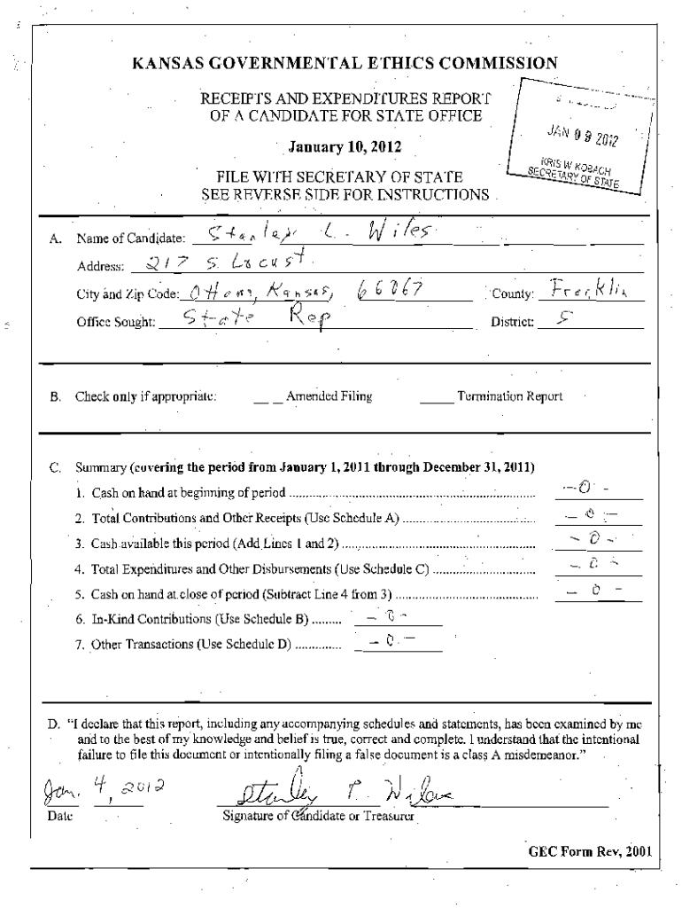 Fillable Online ethics ks RECEIPTS AND EXPENDITURES REPORT' Fax Email Print - pdfFiller