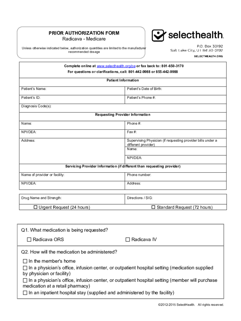 Fillable Online Patient Authorization Form for RADICAVA ORS and ... Fax ...
