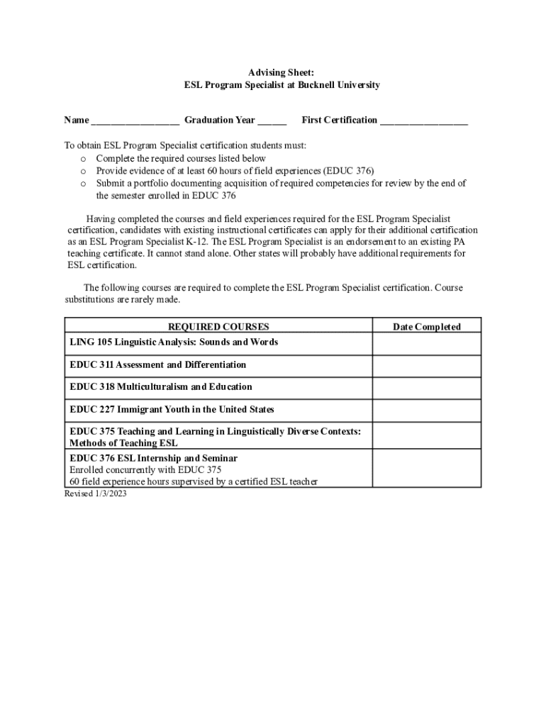 Fillable Online ESL Program Specialist Certificate Advising Sheet (18 ...