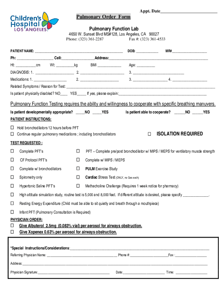 Fillable Online Pulmonary Order Form Pulmonary Function Lab Pulmonary ...