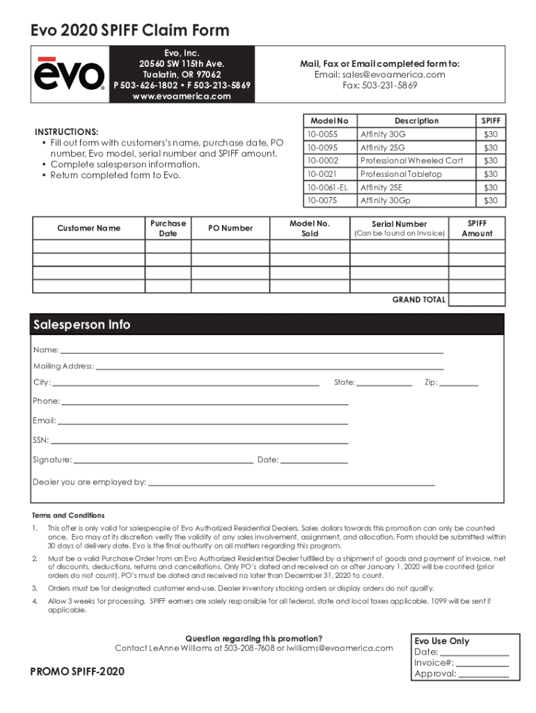 Fillable Online Evo Spiff Claim Form Residential 2020.indd Fax Email ...