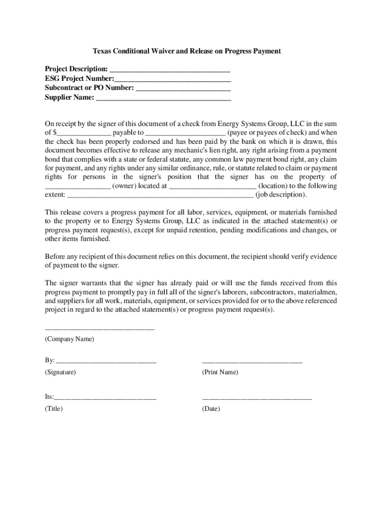 Fillable Online Texas Conditional Waiver and Release on Progress ...