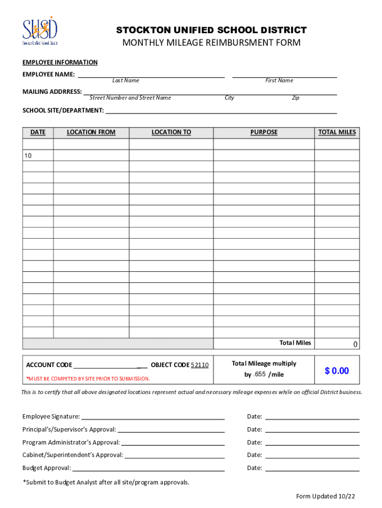 Fillable Online stockton unified school district - monthly mileage reimbursment form Fax Email ...