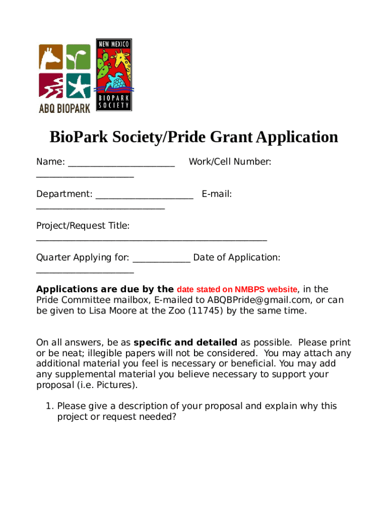 BioPark Society/Pride Grant Application Doc Template | pdfFiller