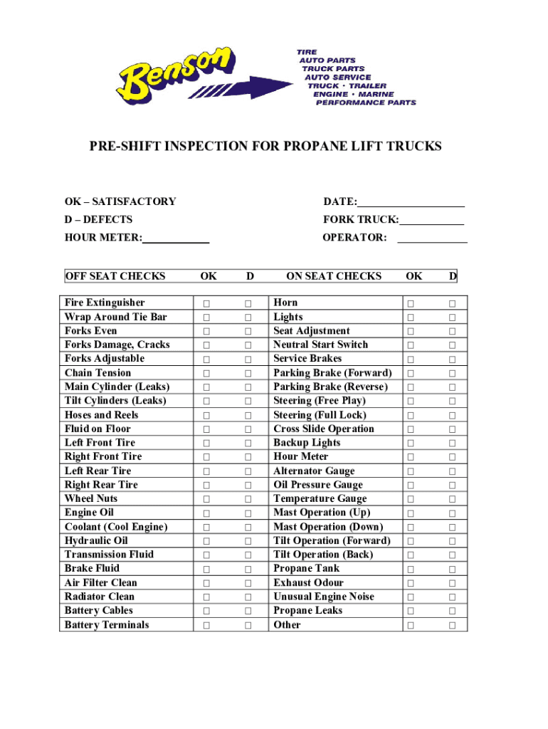 Fillable Online Propane Powered Industrial Truck Inspection Form Fax ...