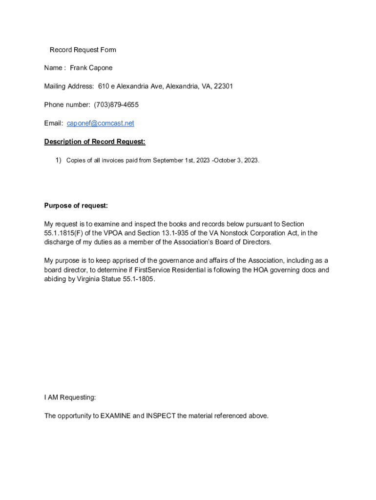 Fillable Online Record Request Form Name : Frank Capone Mailing Address ...