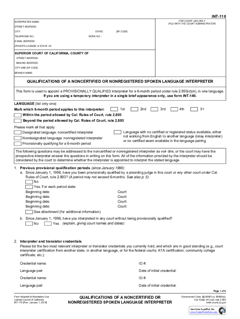 Fillable Online INT-110 Qualifications of a Noncertified or ...