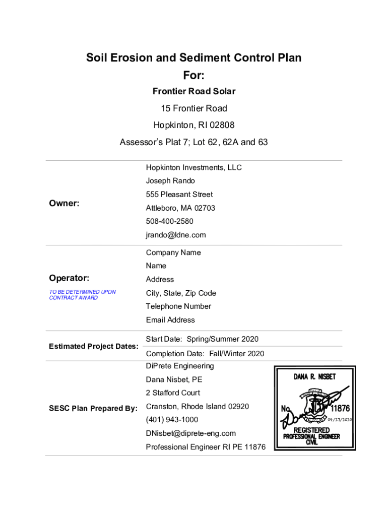 Fillable Online Soil Erosion and Sediment Control Plan For: Fax Email ...