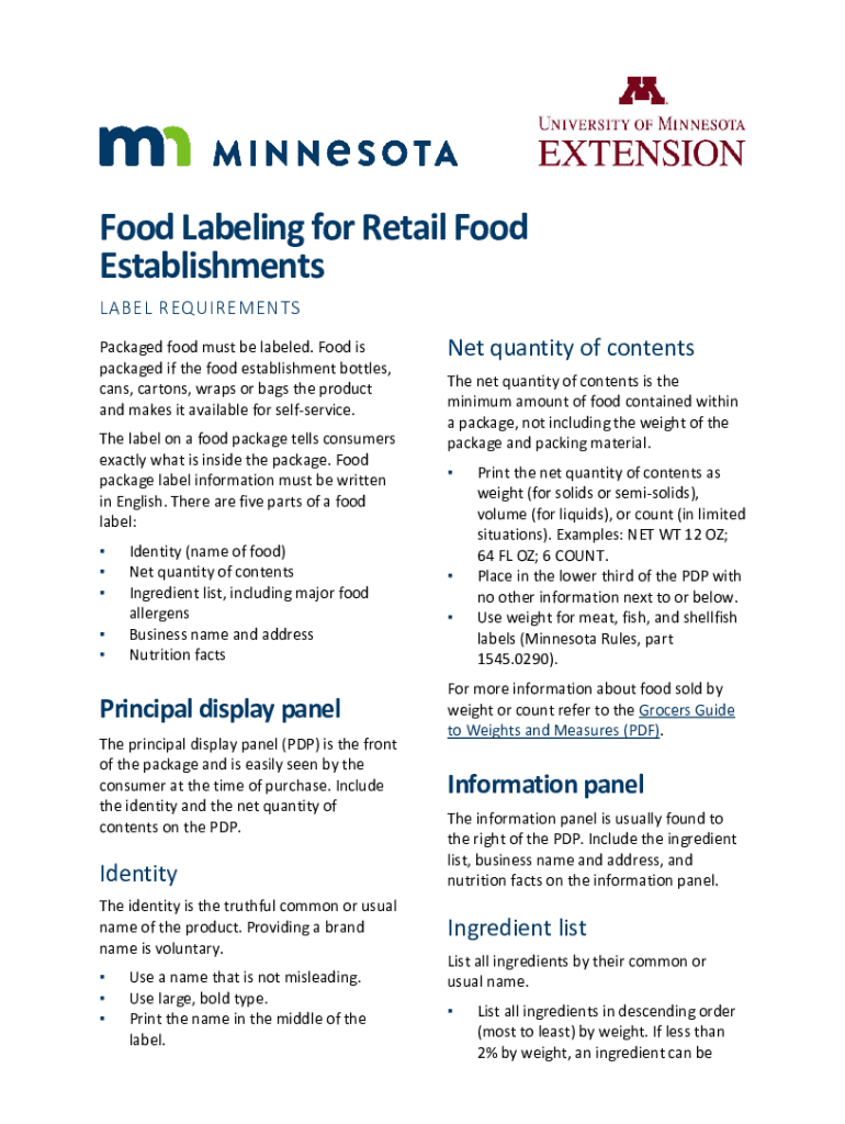 Fillable Online health mn Food Labeling for Retail Food Establishments ...