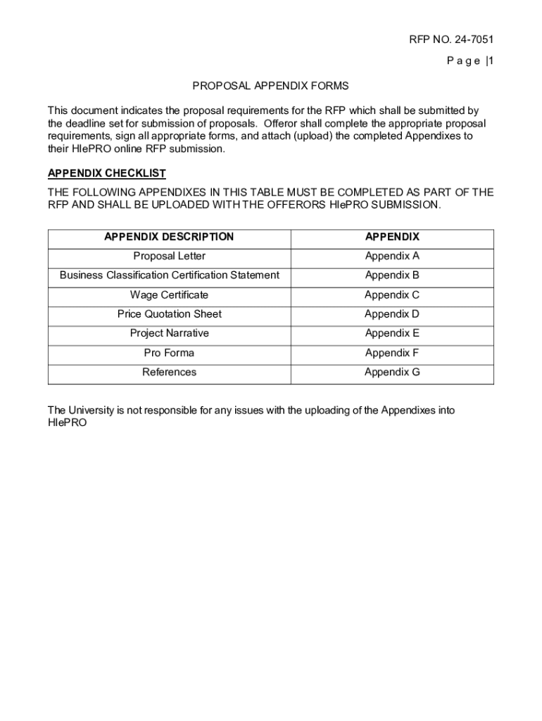 Fillable Online RFP NO. 24-7051 Page 1 PROPOSAL APPENDIX FORMS ... Fax ...