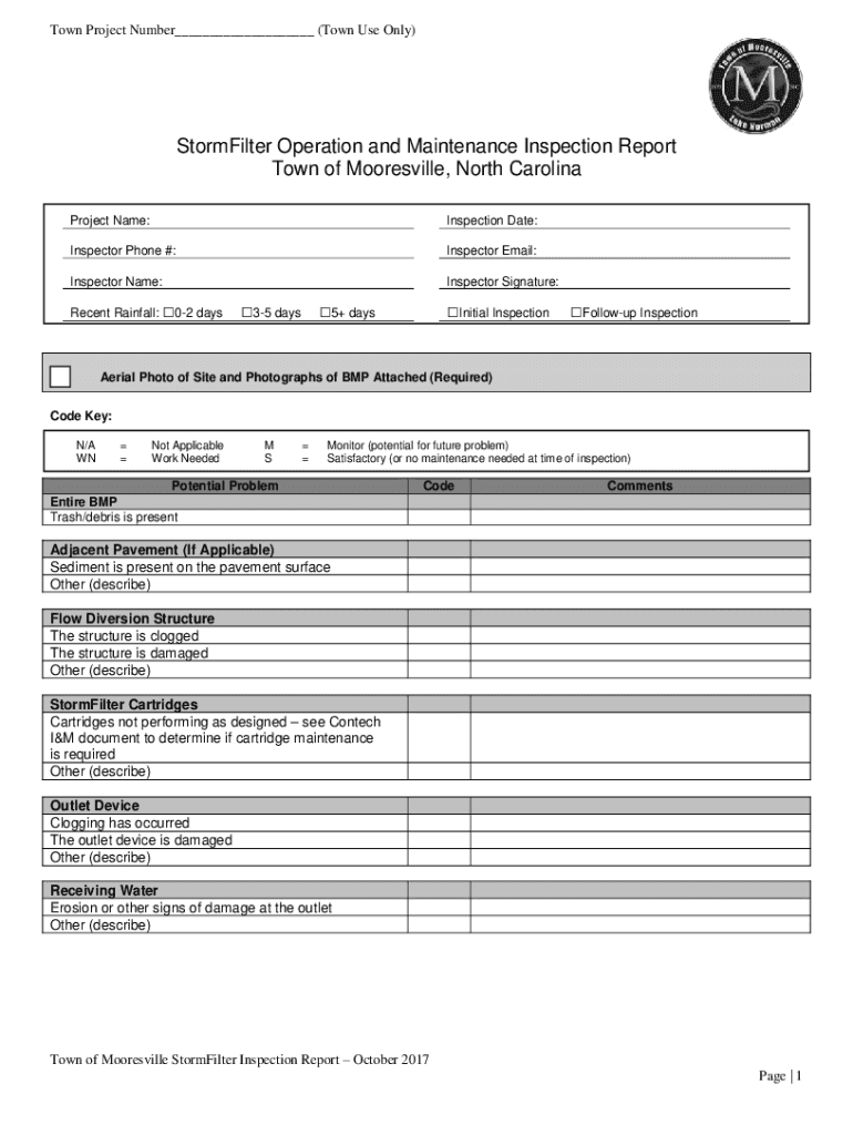 Fillable Online StormFilter Operation and Maintenance Inspection Report ...