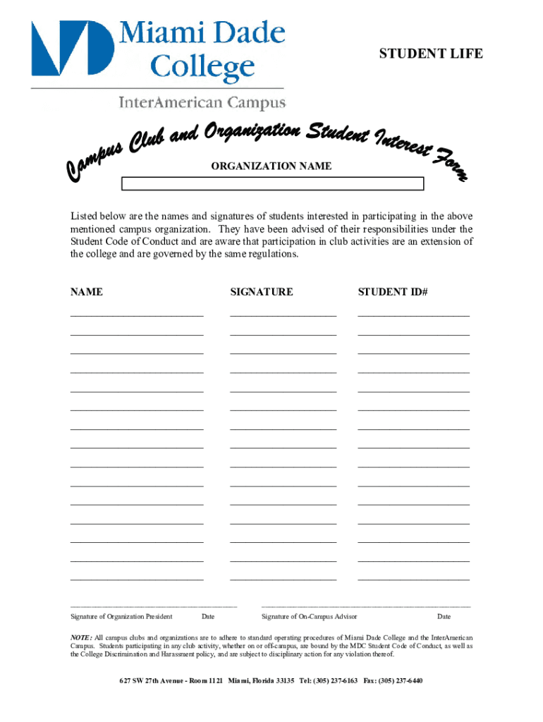 Fillable Online Club & Organization Student Interest Form.doc Fax Email ...