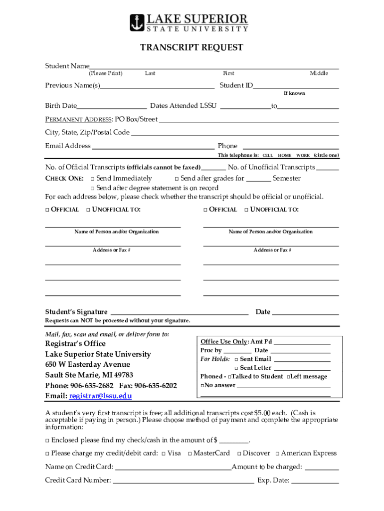 Fillable Online Lake Superior Transcript Request Form. Education Fax ...