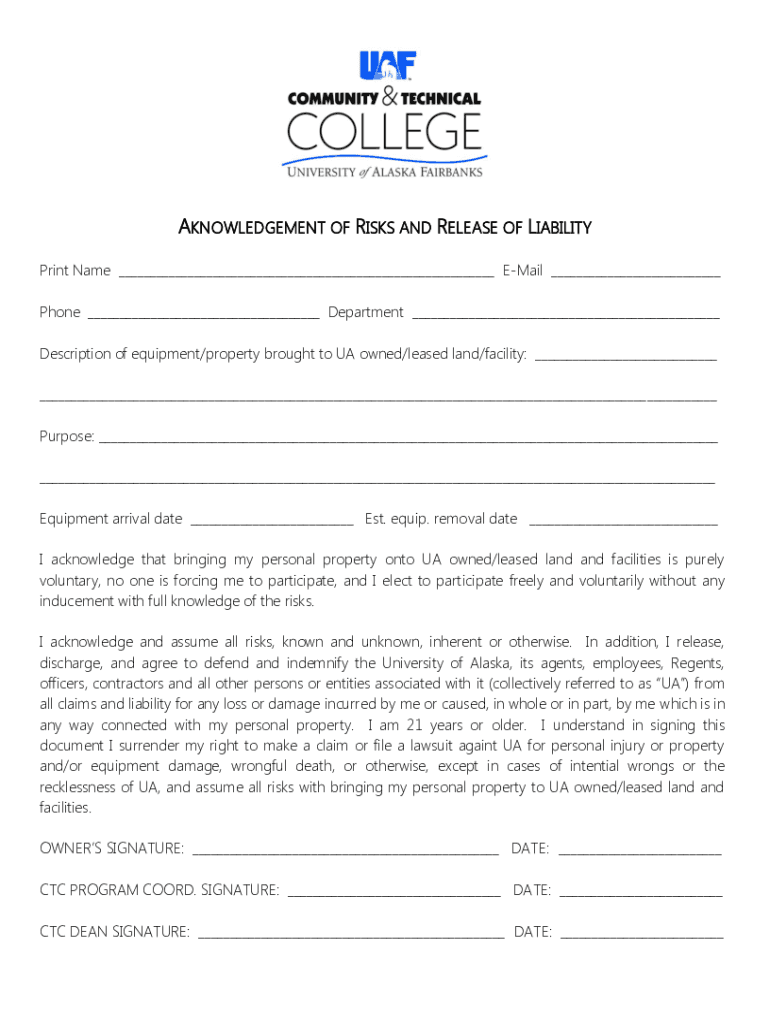 Fillable Online AKNOWLEDGEMENT OF RISKS AND RELEASE OF ... Fax Email ...