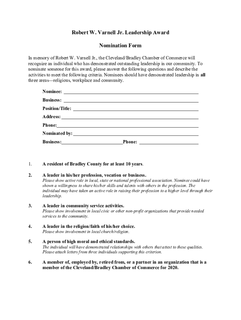 Fillable Online Robert W. Varnell Jr. Leadership Award Nomination Form ...