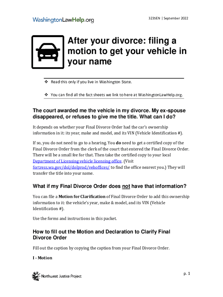 Fillable Online After your divorce: Filing a motion to get your vehicle ...