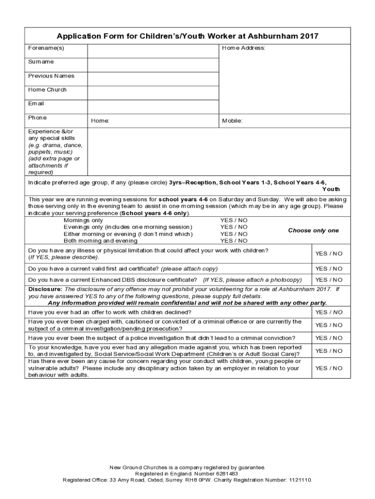 Fillable Online Application Form for Childrens/Youth Worker at ...