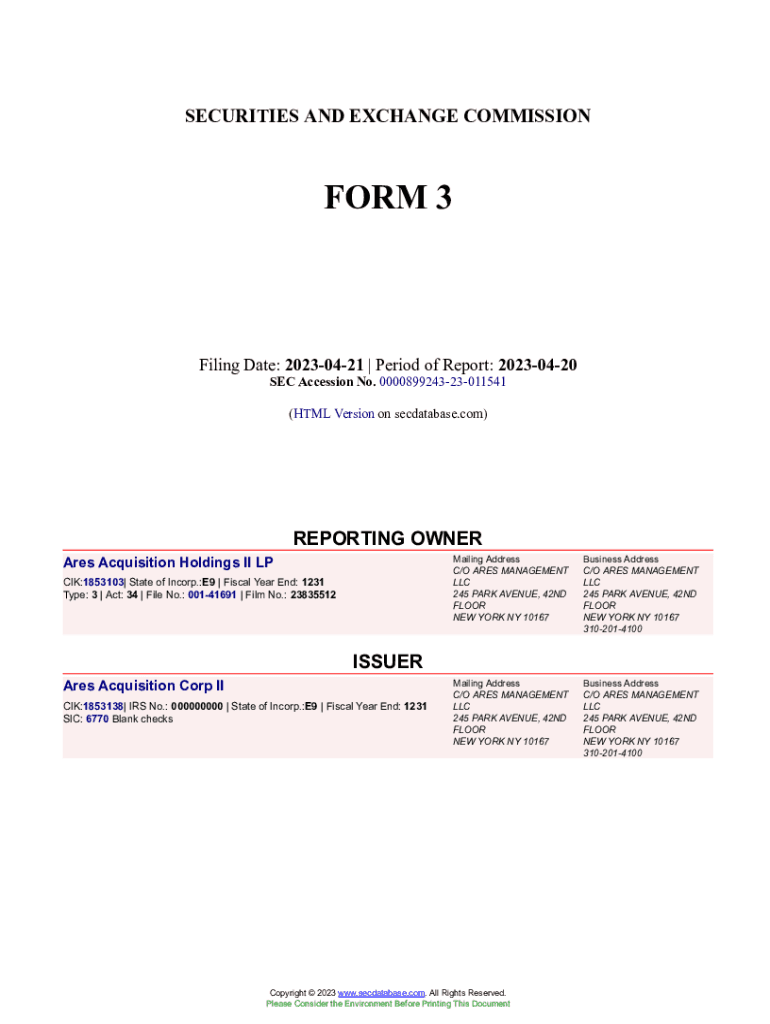 Fillable Online Ares Acquisition Holdings II LP Form 3 Filed 2023-04-21. Accession Number Fax ...