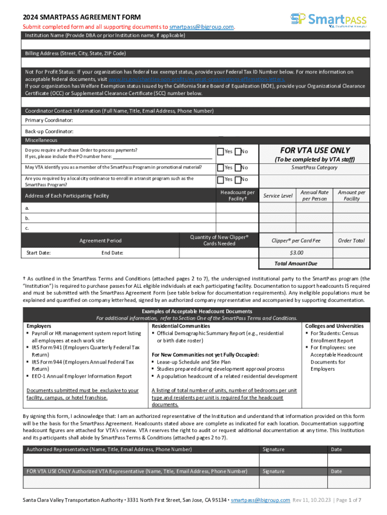 Fillable Online 2024 SmartPass Agreement Form Fax Email Print - pdfFiller