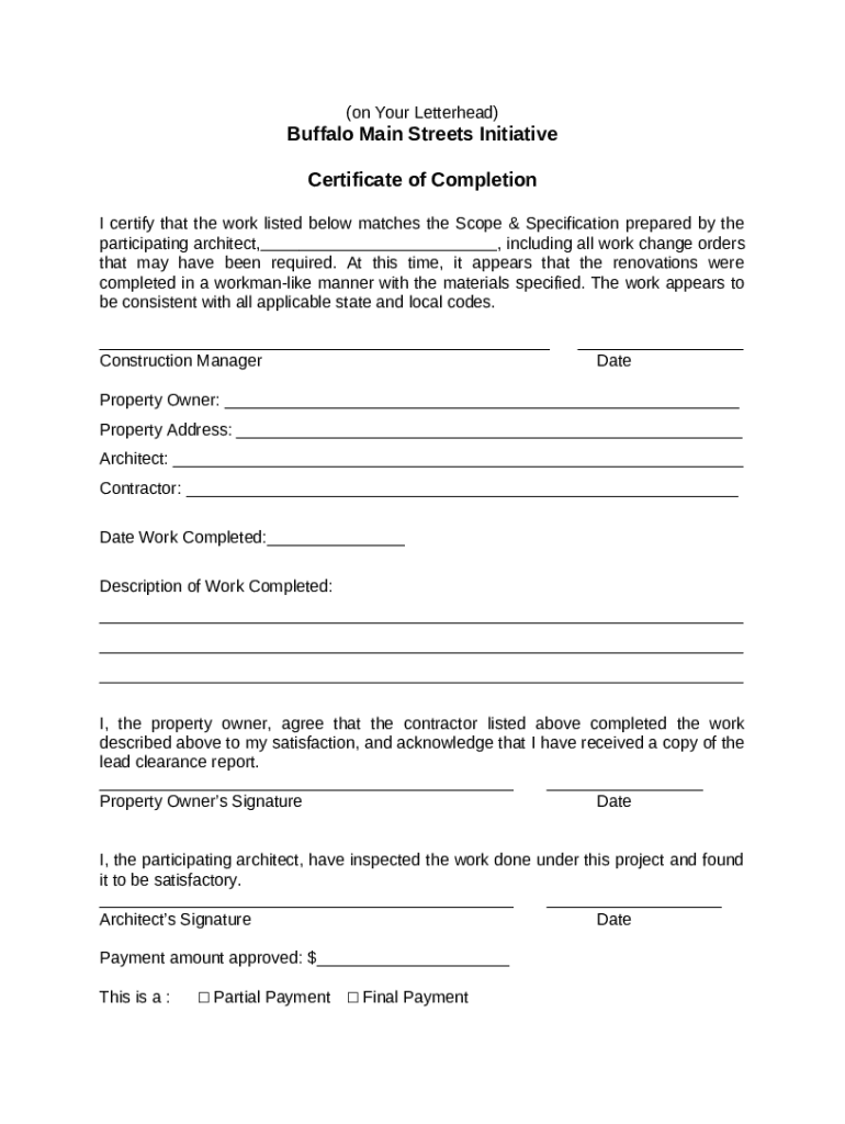 Buffalo Main Streets Initiative Certificate of Completion Doc Template | pdfFiller