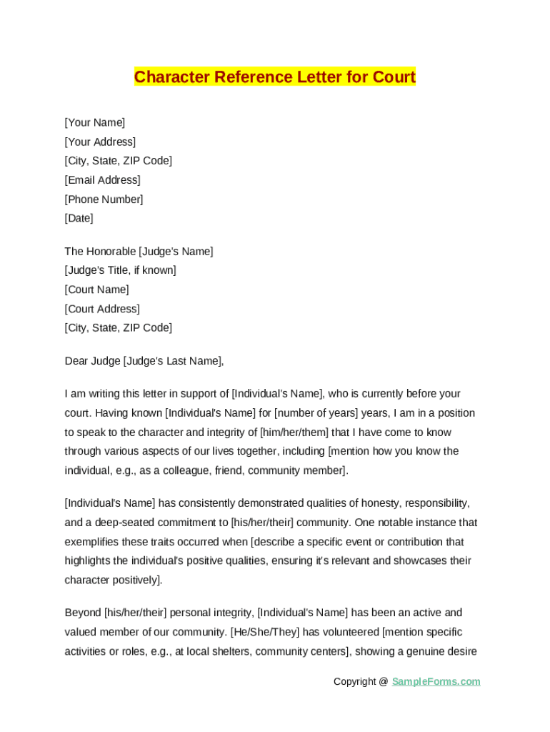 Character Reference Letter for Court Child Custody Doc Template | pdfFiller