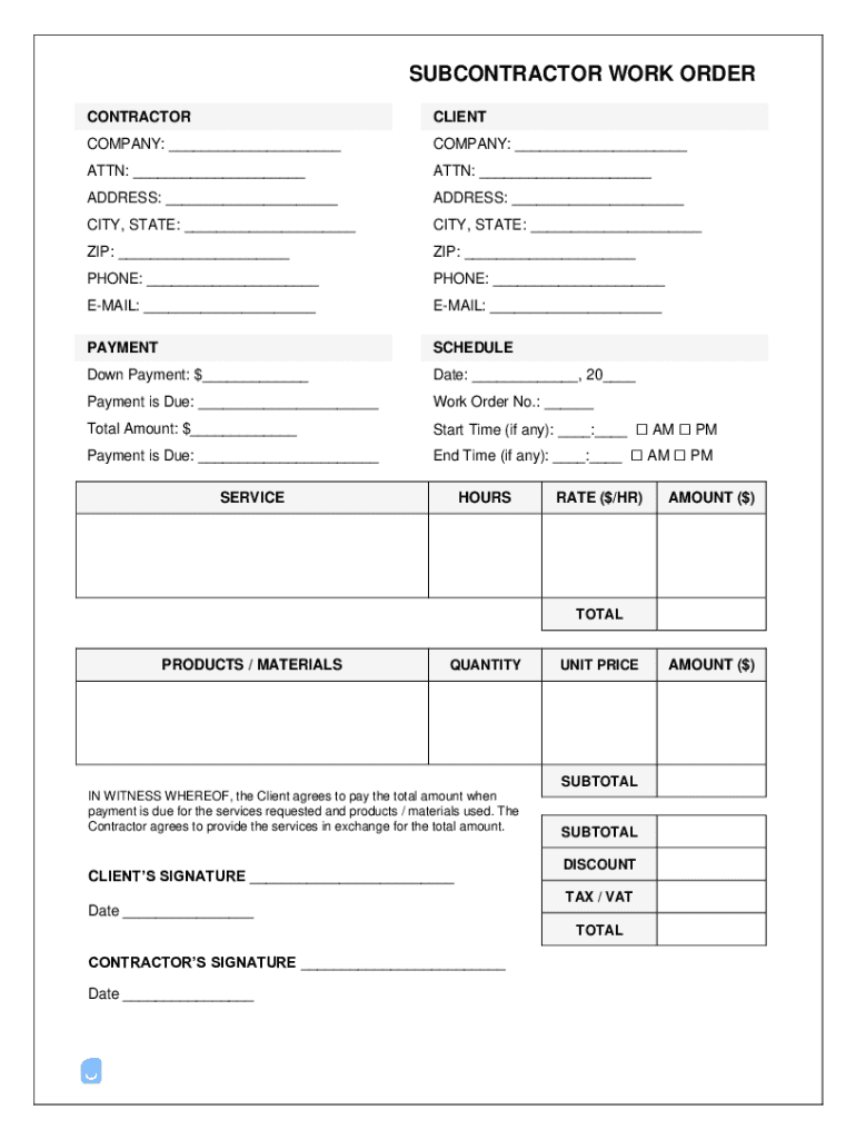 Fillable Online Subcontractor Work Order Template - Invoice Maker Fax Email Print - pdfFiller