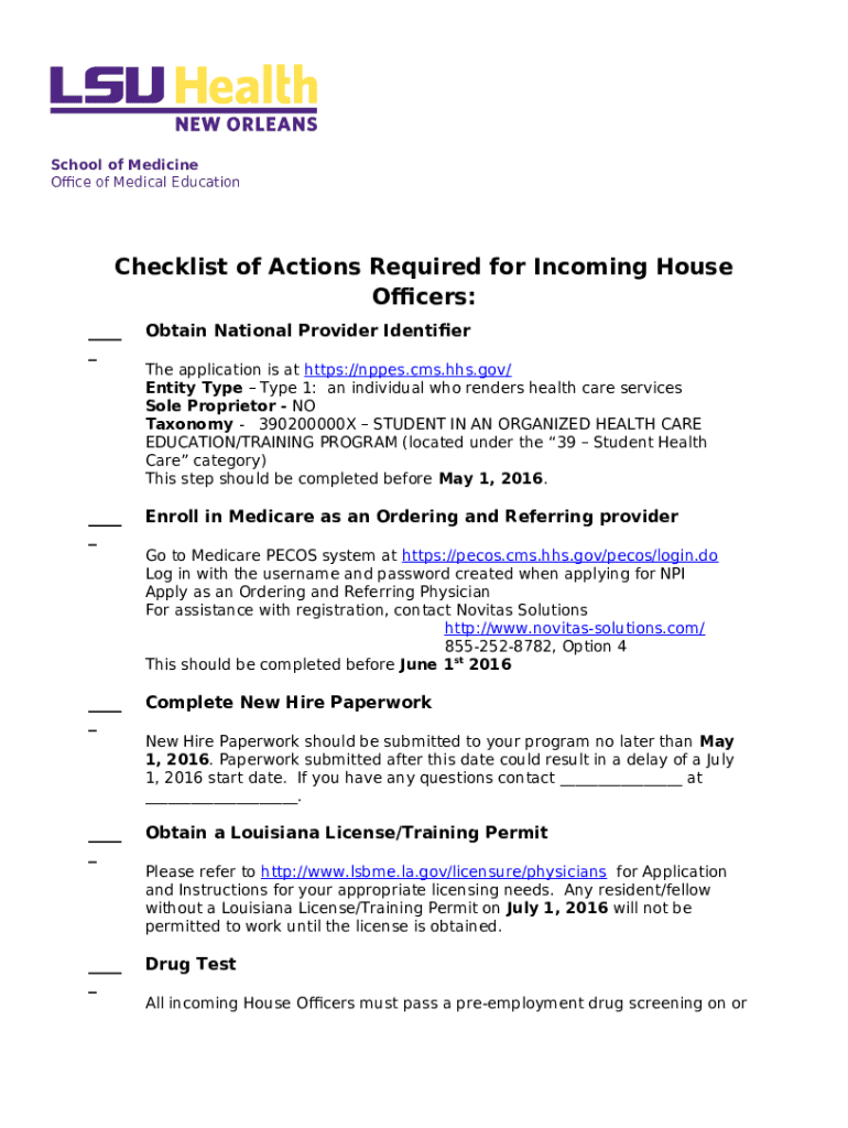 Checklist of Actions Required for Incoming House Officers Doc Template | pdfFiller