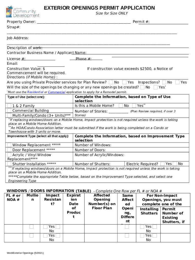 EXTERIOR OPENINGS PERMIT APPLICATION Doc Template | pdfFiller