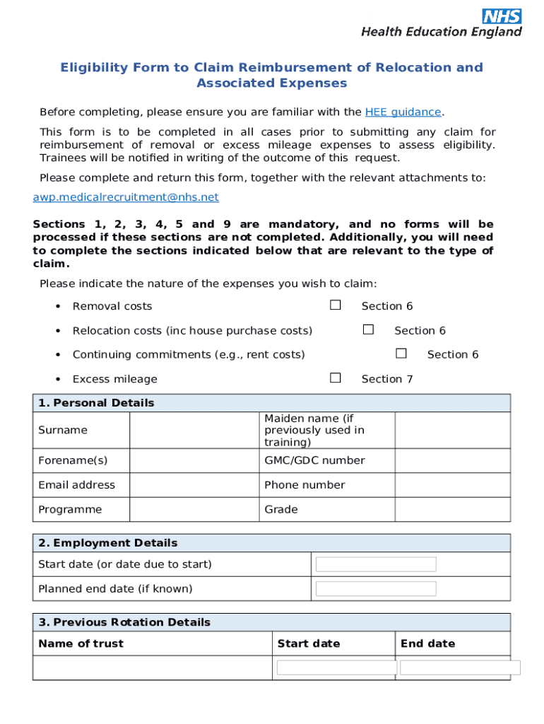 Eligibility to Claim Reimbursement of Relocation and ... Doc Template | pdfFiller