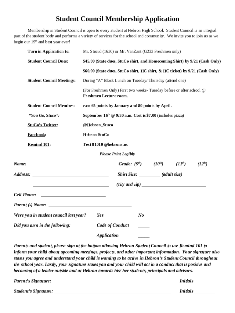Student Council Application - Hebron High School Doc Template | pdfFiller