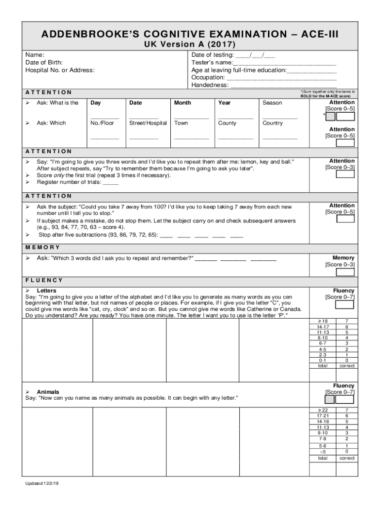 Fillable Online ADDENBROOKE'S COGNITIVE EXAMINATIONACE-III Fax Email ...