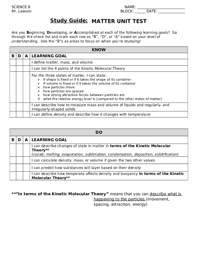 Study Guide: MATTER UNIT TEST Doc Template | pdfFiller