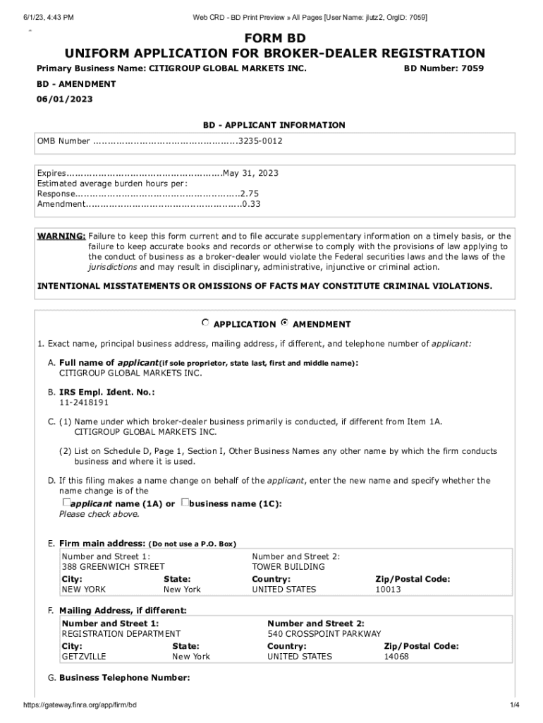 Fillable Online FORM BD UNIFORM APPLICATION FOR BROKER- ... Fax Email ...
